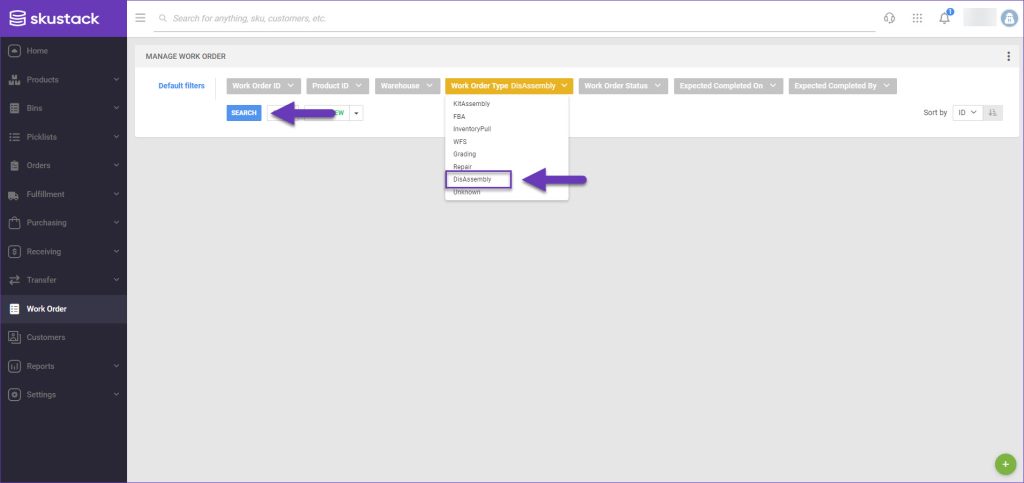 Disassembly Work Orders - Skustack Help